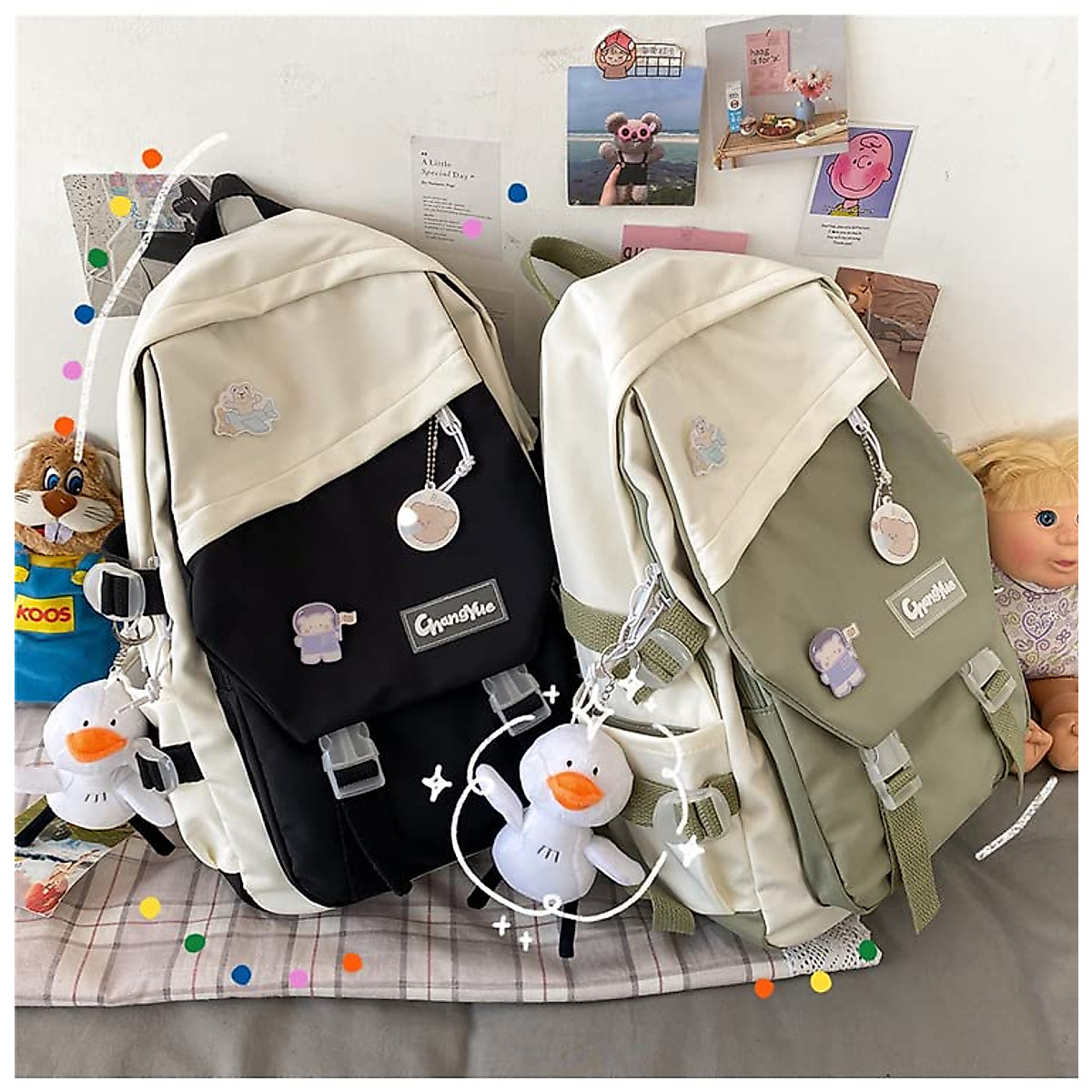 Zhousanjian Fashion Kawaii Backpack with Cute AccessoriesLarge Capacity Kawaii Girl Backpack Cute Aesthetic Backpack for School (green,one size)