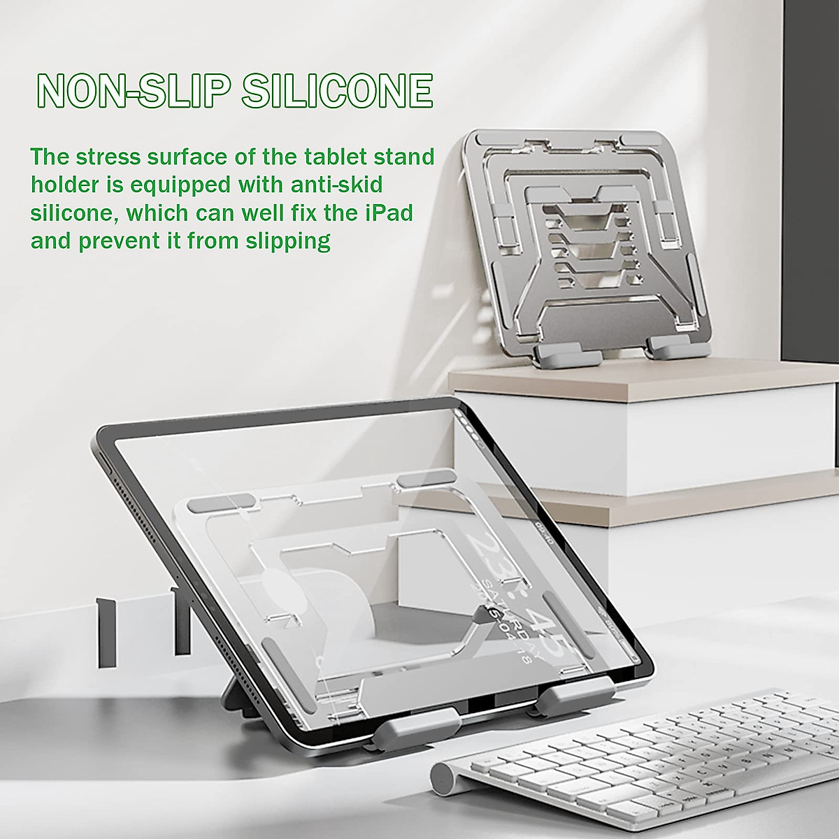 Tablet Stand for Desk, Tablet Holder for iPad Stand Foldable & Adjustable Six Level, Non-slip Stable Ultrathin 3mm Aluminium Tablet Stand Holder for iPad 7 to 12.9/Surfaces/Kindle/Drawing Tablets