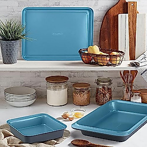 Baking Pans Set with Nonstick Coating - UltraThick Professional 8-Piece Bi-Color Pans including Cookie Sheet, Muffin, Loaf, Cake Pans, and Cooling Rack - Heavy Duty, Dishwasher Safe (Grey&Blue)