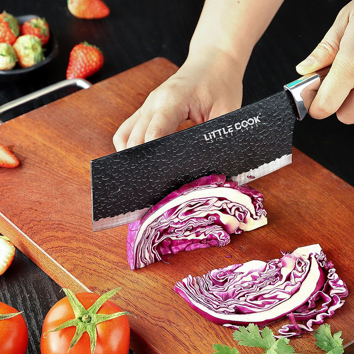 3PCS Chef Knife, Little Cook Chef Knife Set, Includes 7 inch Chef Knife, 7 inch Cleaver Knife and 4.5 inch Boning Knife, Premium Stainless Steel With Ergonomic Plastic Handle (Blackening technique)