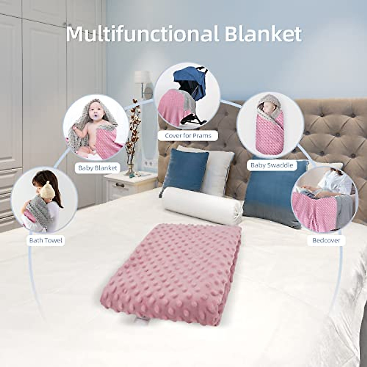 Minky Baby Blanket for Girls Large Size 43" x 60" Baby Minky Blanket Fleece Plush Baby Blanket Super Soft Double Layer Minky Dot Baby Blanket (Pink Gray