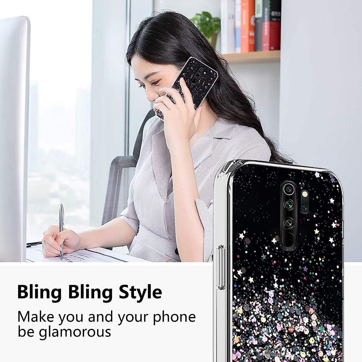 Compatible with Redmi Note 8 Pro Case Glitter Clear Green,for Xiaomi Redmi Note 8 Pro Phone Case Silicone Transparent Soft TPU Women Girls Shockproof Protective Slim Cover (Black)