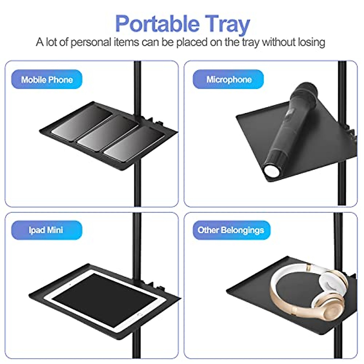 OUKMIC Microphone Stand, Adjustable Karaoke Mic Holder for Singing, Universal Floor Standing Detachable Mike Stand with Weighted Round Base, Cable Clip, Barrel Mic Clip and Tray for Kids Adults