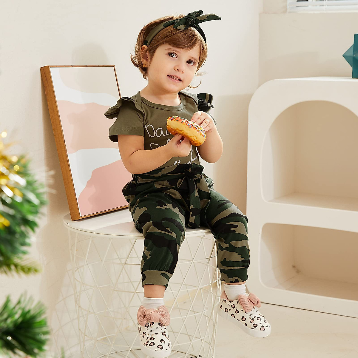 AMAWMW Baby Girl Clothes Set Daddys Little Girl Ruffle Romper Top Camouflage Pants Newborn Baby Girl Outfit 3-6 Months