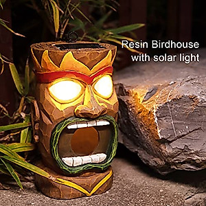 Ovewios Tiki Bird Houses for Outside, Tiki Head Solar Powered LED Light Waterproof Resin Statue Decorations Hanging Bird House for Outdoor Garden Yard Patio Tree Ornament, Green