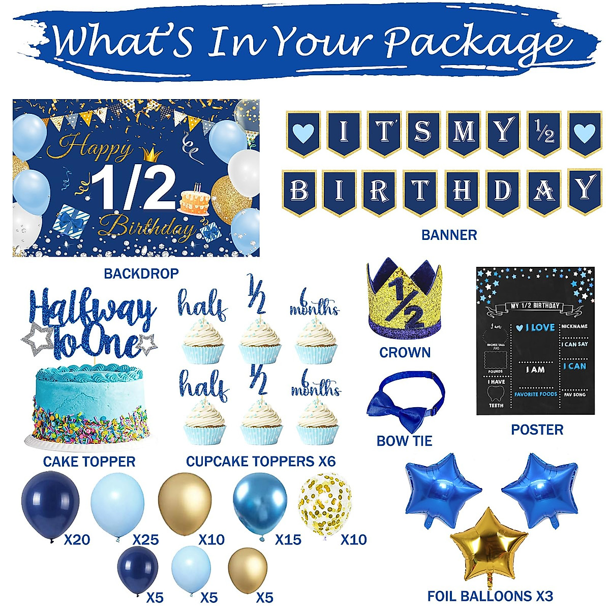 111 PCs Half Birthday Decorations Baby Boy, Fiesec 6 Months Birthday Decorations Boy Happy 1/2 Birthday Backdrop Balloon Garland Its My 1/2 Birthday Banner Cake Cupcake Topper Tie Crown Poster Blue