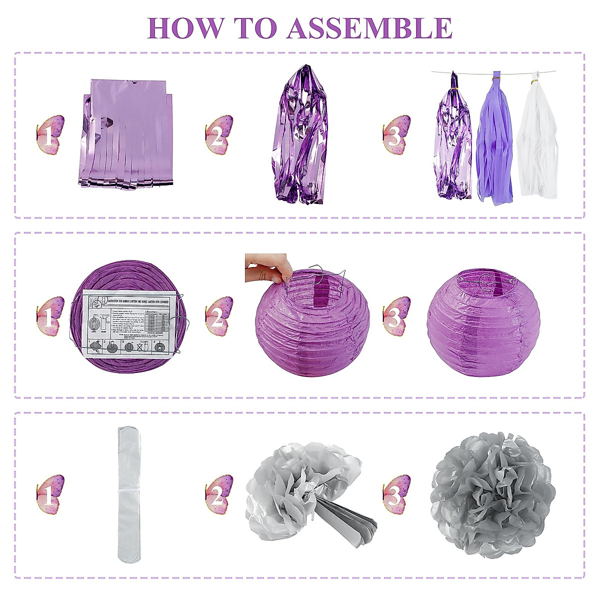 72Pcs Purple Birthday Party Decorations for Girls Women, Lavender Purple and Sliver Butterfly Party Decorations Supplies Balloons Happy Birthday Banner Circle Dots Paper Lanterns Pom Hanging Swirls