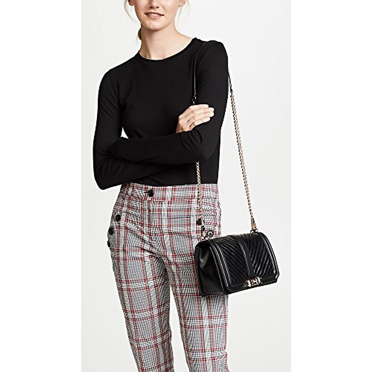 Rebecca Minkoff Women's Chevron Quilted Love Crossbody Bag, Black/Gold, One Size