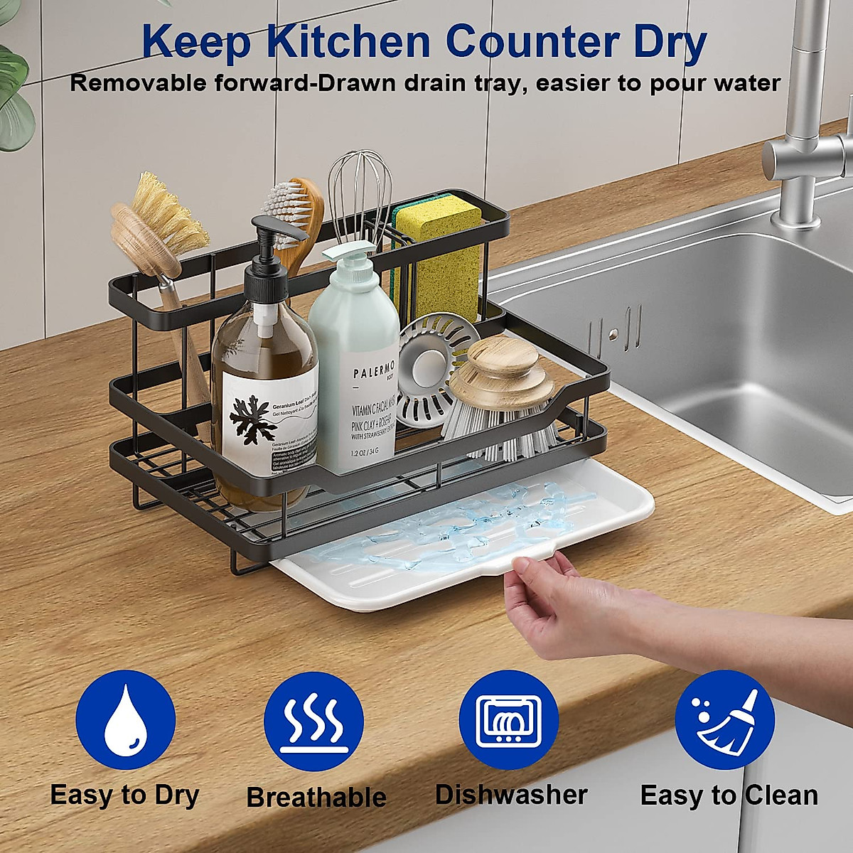 MFTEK Kitchen Sink Caddy Sponge Holder, Large Sponge Holder for Kitchen Sink Countertop Organizer, Soap Holder Tray Dish Dispenser Storage Rack with Drain Tray, Black -Not Include Sponge, Brush