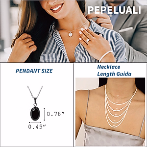 PEPELUALI 16" 925 SILVER Handmade Vintage Black Onyx Pendant Necklace, Oval black glaze energy healing crystal pendant necklace jewelry, Inspirational Gifts for Women, Mom, Sister