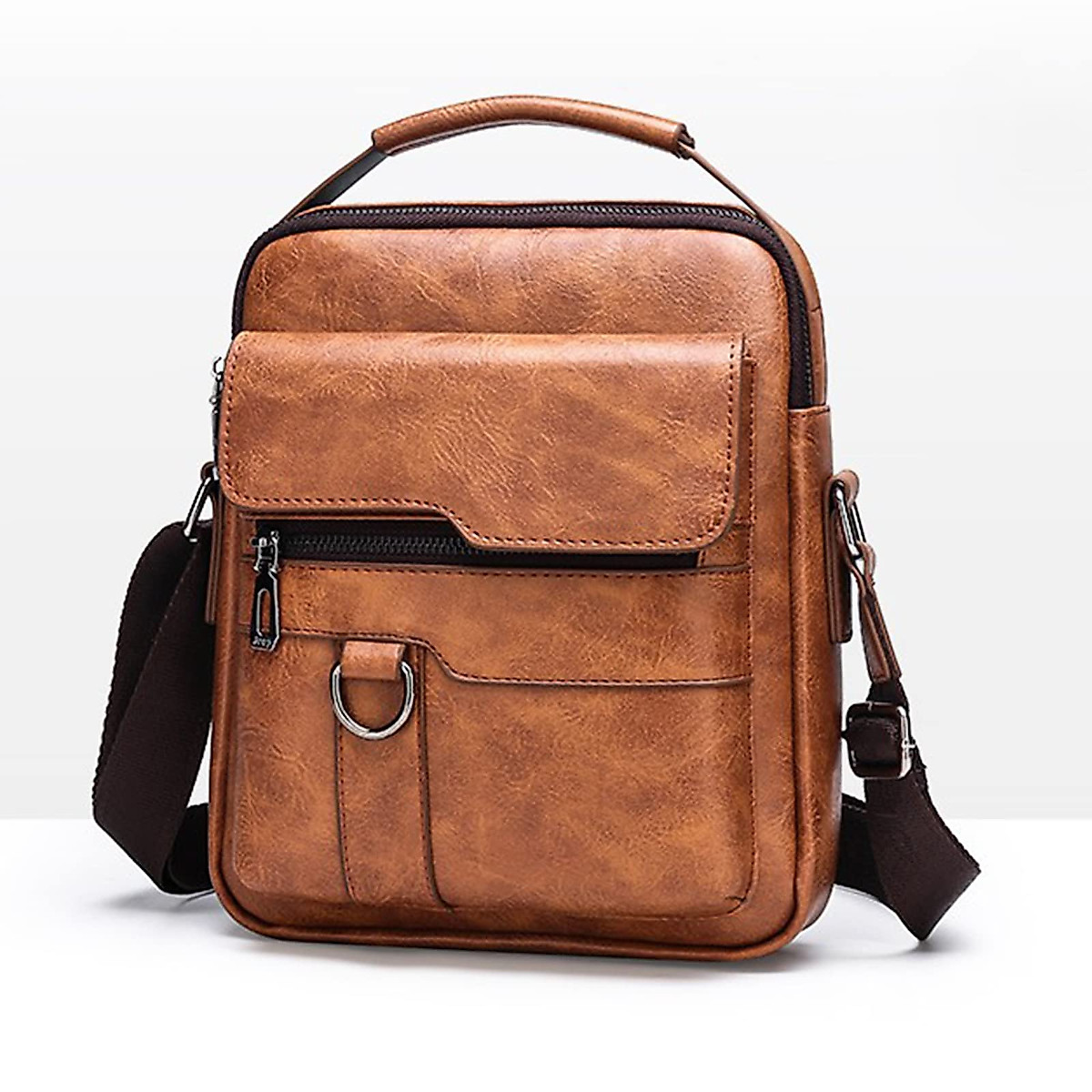 Henmifyer Small Leather Messenger Shoulder Crossbody Bag for Mens Travel Office Business Adjustable Strap (Brown)