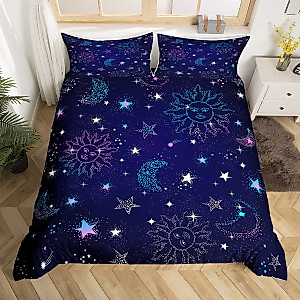 Castle Fairy Blue Universe Comforter Cover Sets King Sun Moon Stars Print Duvet Set Teens Youngs Galaxy Space Theme 3 Pieces Bedding Sets(1 Duvet Cover 2 Pillow Cases),No Comforter