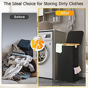 Laundry Hamper with Lid, 29 Gal (108 L) Large Folding Laundry Basket with Bamboo Handle & 1 Removable Inner Bag, 3pcs Mesh Laundry Bags, Dirty Clothes Hamper for Bathroom, Bedroom and Laundry, Black