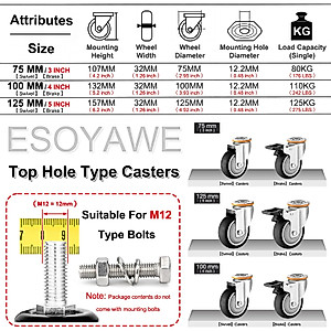 Heavy Duty TPE Rubber Swivel Caster Wheel 4 Pcs, Ø 3in 4in 5in Silent Furniture Replacement Casters, Suitable for M12 Type Bolts Top Hole Type Caster Wheels with Brakes