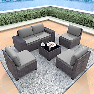 Gotland 6-Piece Patio Furniture Set, All-Weather PE Rattan Outdoor Sectional with Replaceable Grey Waterproof Cushions and Coffee Table