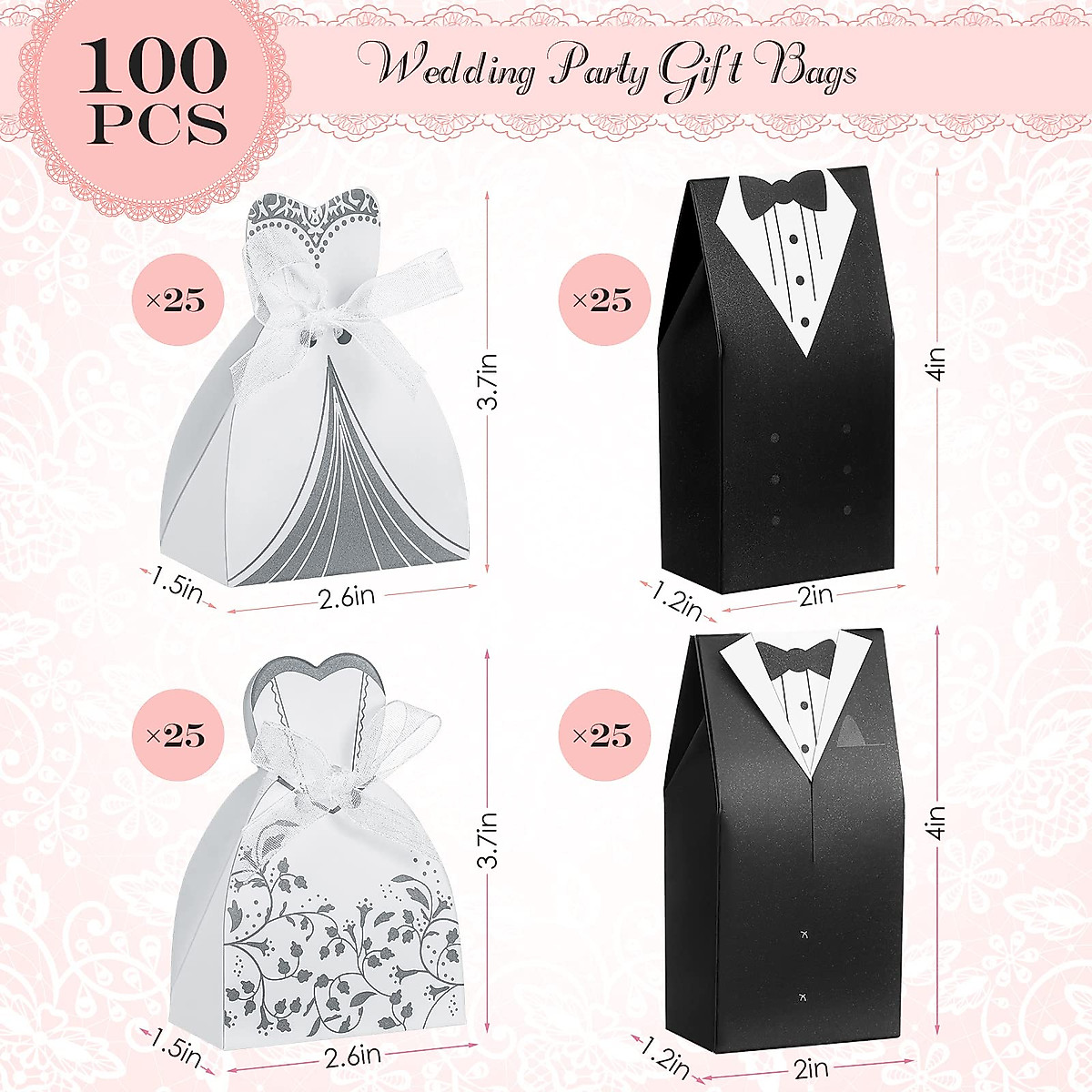 100 Pcs Wedding Party Favor Boxes Dress Tuxedo Candy Chocolate Gift Box Creative Vintage Wedding Treat Bags Bulk with Ribbon for Birthday Bridal Shower Guests Decoration Party Supplies (Stylish Style)