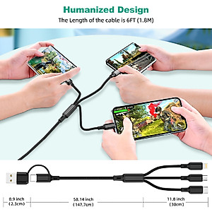 Multi Charging Cable 3Pack-6ft, Multi USB Cable Braided 6 in 1 Multiple Phone Charger Cable Universal USB A/C Charging Cable to Lightning/Type C/Micro USB Port for Cell Phone (Gray,Black,Red)