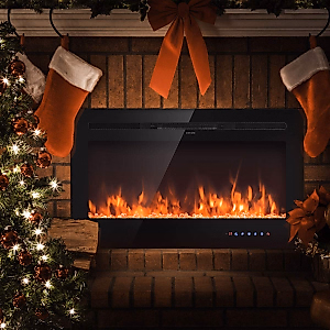 Tangkula 36 inches Electric Fireplace Insert with Thermostat, in-Wall Recessed and Wall Mounted 1500 W Faux Fireplace, Touch Screen Control, 9 Flamer Color, Temperature Control & Timer (36 inches)