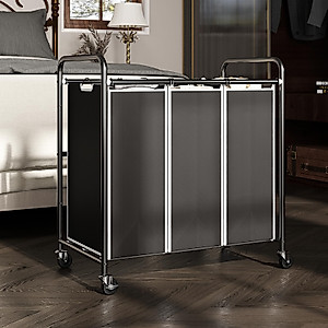 ROMOON Laundry Sorter 3 Section, Heavy-Duty Laundry Hamper with Lockable Wheels and Removable Bags, Rolling Laundry Basket Cart, Dirty clothes hampers for Family laundry, Black