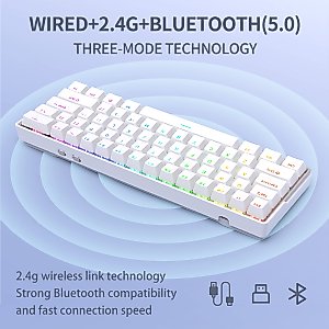 KEMOVE Snowfox DK61 60% Wireless Mechanical Gaming Keyboard, 2.4G/Type-C/Bluetooth, Hot Swappable RGB Backlit 61 Keys, Anti Ghosting/N-Key Rollover 3000mAH Battery, Red Switch/White