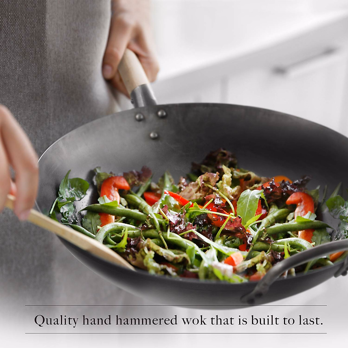 Mammafong Flat Bottom Carbon Steel Wok Pan - Authentic Hand Hammered Woks and Stir Fry Pans - 14" Pow Wok