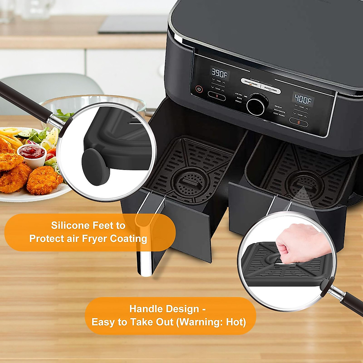 2 Pieces Air Fryer Grill Pan for Ninja Foodi DZ550 DualZone Air Fryers, Replacement Air Fryer Crisper Plate Grill Plate Tray Accessories with Rubber Bumpers, Dishwasher Safe
