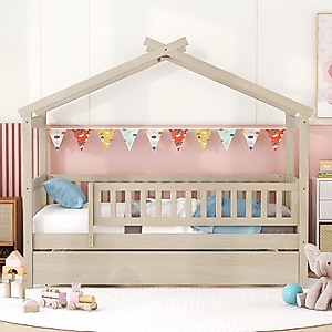 Twin Size House Bed with Trundle, Wooden Playhouse Kids Bed Frame with Roof and Fence, Montessori Style Bed with Guardrails for Kids, Teens, Boys, Girls, Natural.