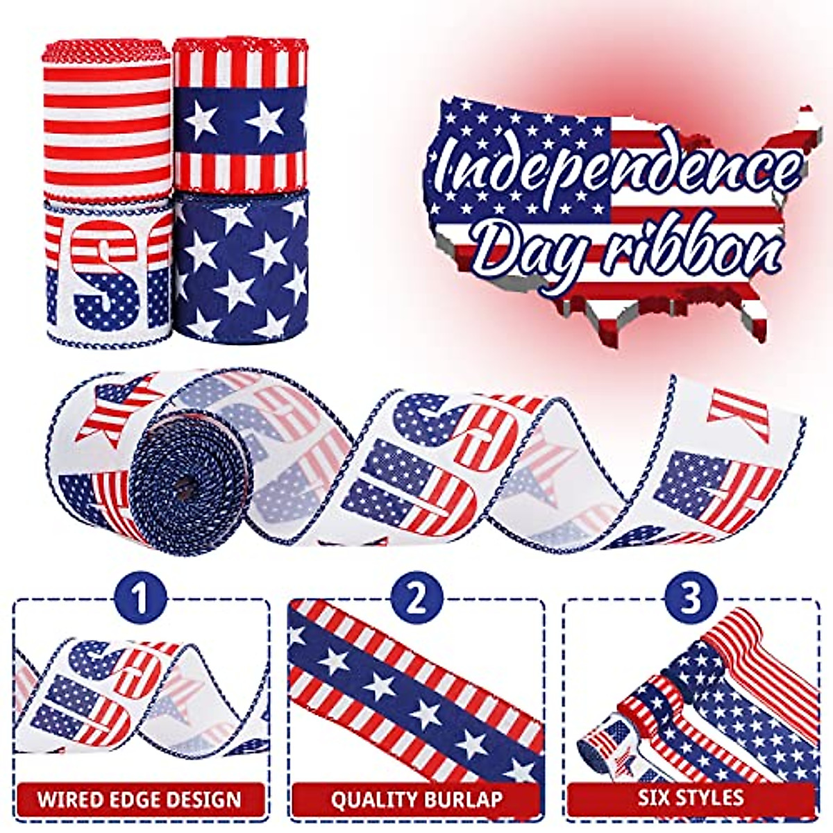 AnyDesign Patriotic Wired Edge Ribbon 24 Yards USA Flag Stars Stripes Craft Fabric Ribbon 4th of July Decorative Wrapping Ribbon for Independence Day Memorial Day Wreath Bow Making DIY Crafts, 4 Roll