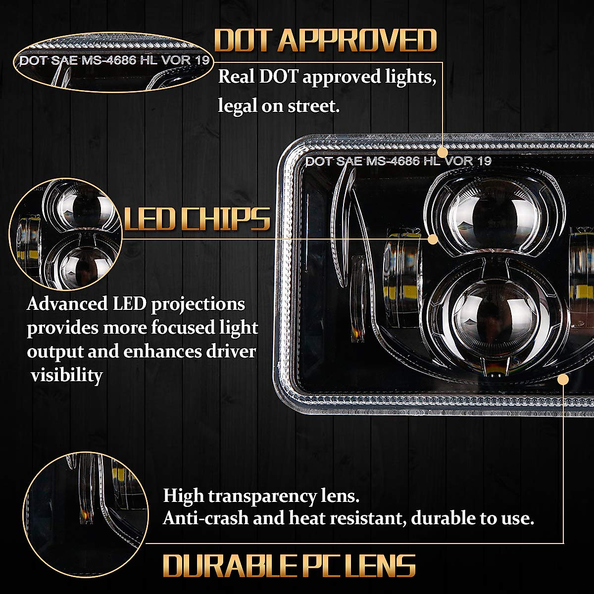 4x6 inch LED Headlights Rectangular Lights Set, Compatible with H4651 H4652 H4656 H4666 H6545, for Peterbil Kenworth Freightinger Ford Probe Oldsmobile Cutlass, Black