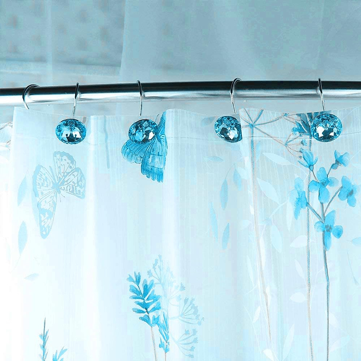 Shower Curtain Hooks,iiEASEST Acrylic Crystal Rhinestone Gem Decorative Shower Curtain Hook Cute Diamond Jewel Shower Hooks for Liner Curtain Camper Bathroom Kids Girls Women Set of 12 (Aqua Blue)