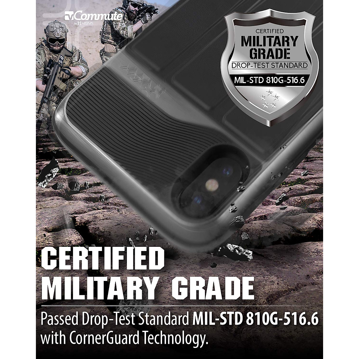 VENA iPhone Xs/X Wallet Case, [vCommute][Military Grade Drop Protection] Flip Leather Cover Card Slot Holder with Kickstand Compatible with Apple iPhone Xs 2018 / X 2017 5.8" (Space Gray/Black)