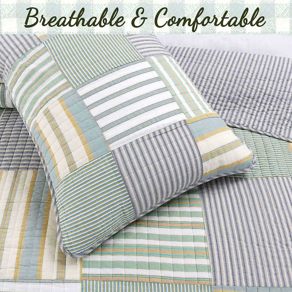Cozy Line Home Fashions Green Yellow Blue Plaid Striped Real Patchwork 100% Cotton, Reversible Coverlet, Bedspread, Quilt Bedding Set (Green Patchwork, Twin - 2 Piece)