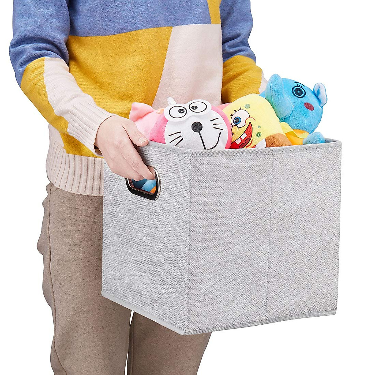 i BKGOO Cloth Storage Bins Set of 4 Thick Fabric Drawers Foldable Cubes Basket Organizer Container with Dual Metal Handles for Shelf Cabinet Bookcase Boxes Grey-White 10.5x10.5x11 inch