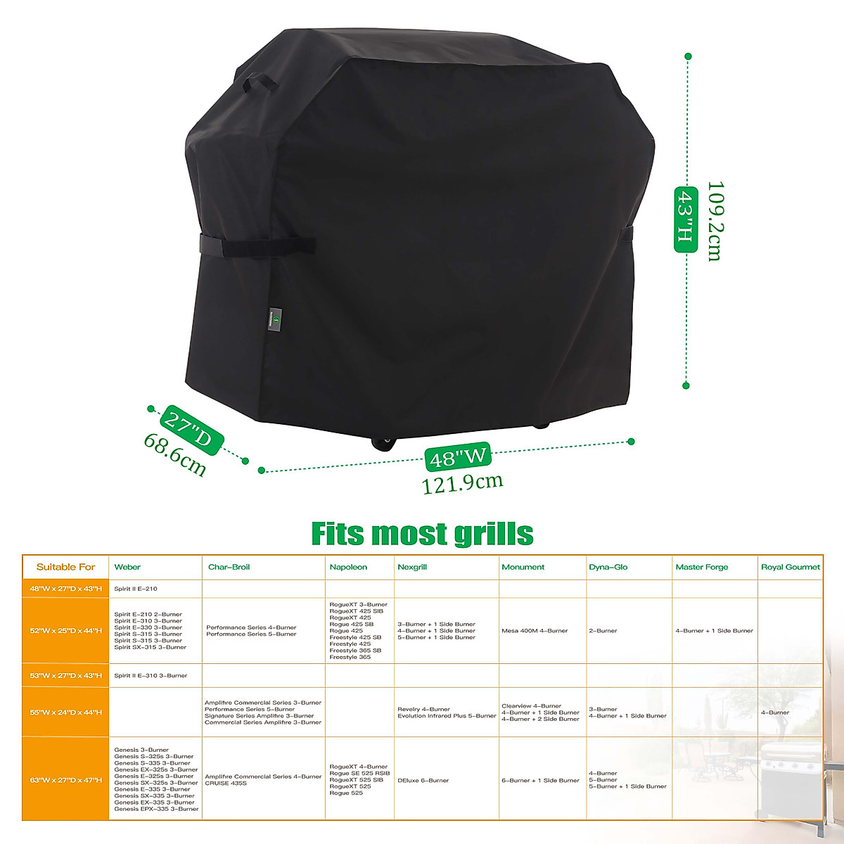 F&J Outdoors Grill Cover Waterproof UV Resistant for 2 Burner Charcoal Gas BBQ, 48Wx27Dx43H in,Black