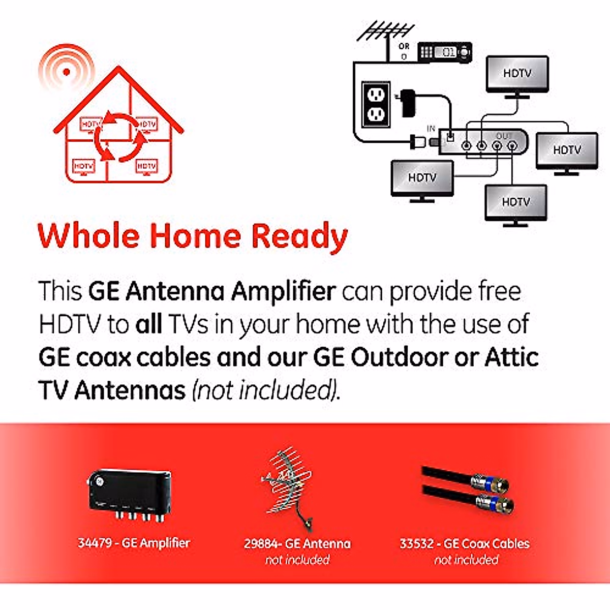 GE 4-Way HD Digital TV Antenna Amplifier, Low Noise Antenna Signal Booster, Clears Up Pixelated Low-Strength Channels, Supports Multiple HD Smart TVs, AC Adapter, Black, 34479