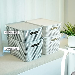 MBKO Plastic Storage Basket Bins - Stackable Pantry Organizer Container (Medium_White_6PK)