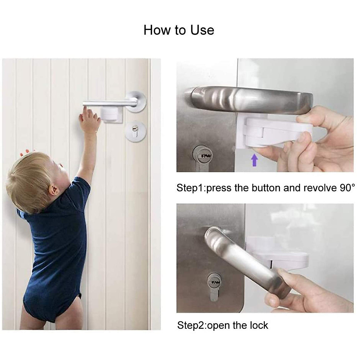 Childproof Door Lever Lock (4 Pack) Prevents Toddlers from Opening Doors. Easy One Hand Operation for Adults. Durable ABS with 3M Adhesive Backing. Simple Install (White)