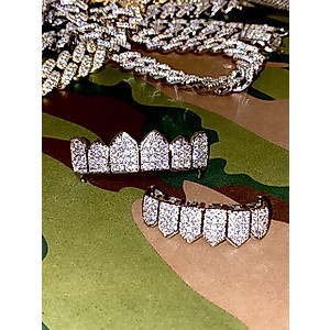 18K White Gold Plated CZ Cluster Custom Slugs Top Bottom GRILLZ Fangs Mouth Teeth Grills Set - Grillz, Teeth Cap, Iced Out Grillz (Top & Bottom Set)