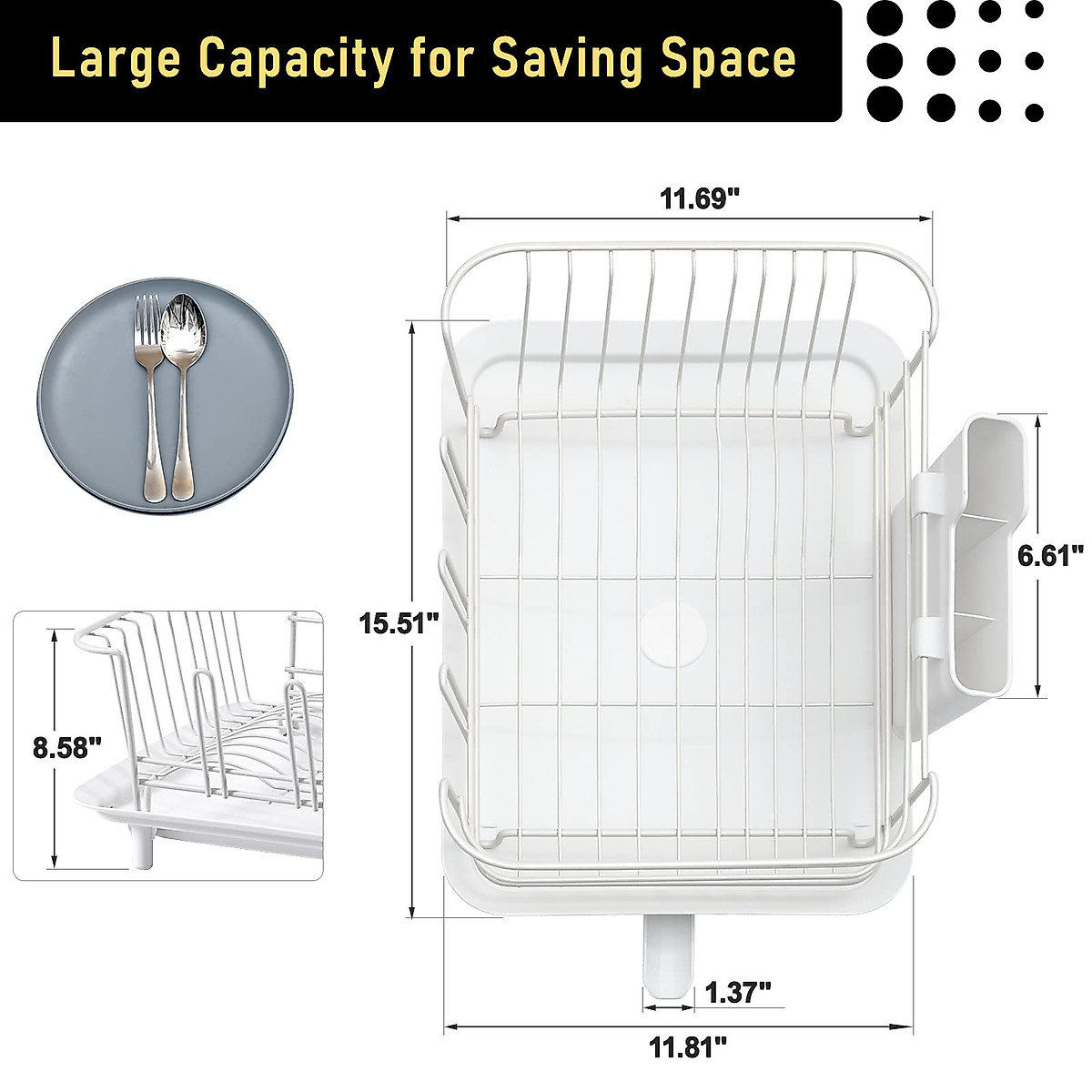 BRIAN & DANY Dish Drying Rack, Stainless Steel Dish Racks for Kitchen Counter, Dish Rack with Cutlery Holder & Drainboard, 15.5"x 11.8"x 8.58", White
