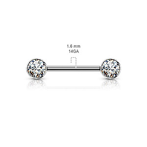 Pierced Owl 14G Implant Grade Titanium Internally Threaded Bezel Set Crystal Nipple Barbells, Sold as a Pair (Clear)