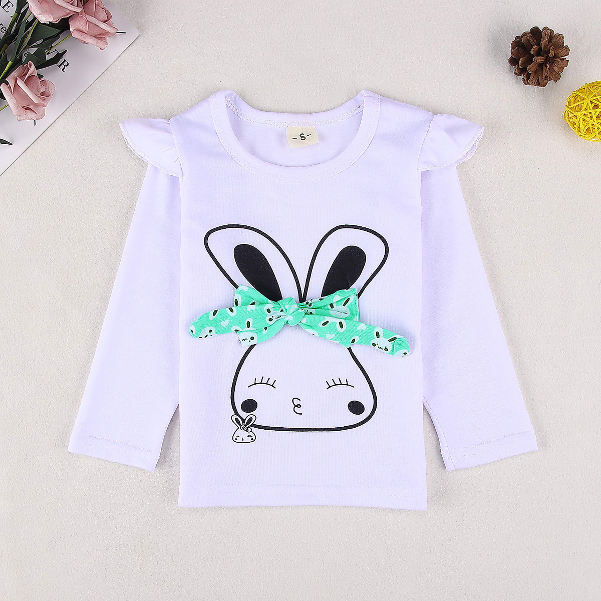 CM C&M WODRO Toddler Kids Baby Girls Easter Outfits Long Sleeve T-Shirt Tops Pants Bunny Clothing Sets (Green, 18-24 Months)
