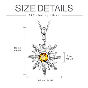 AOBOCO Sterling Silver Sun Sunburst Pendant Necklace with Citrine Austrian Crystal, November Birthstone Jewelry, Christmas Gift for Women