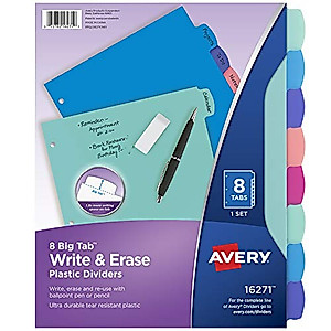 Avery Durable Plastic 8-Tab Write & Erase Big Tab Dividers for 3 Ring Binders, Pastel Brights (16271)