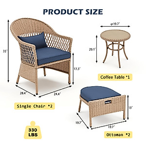 ECOTOUGE 5-Piece Patio Furniture Set, Outdoor Wicker Conversation Bistro Set with Glass Tempered Coffee Table, 2 Rattan Curved Armchairs, 2 Footrests for Porch, Backyard, Balcony, Blue