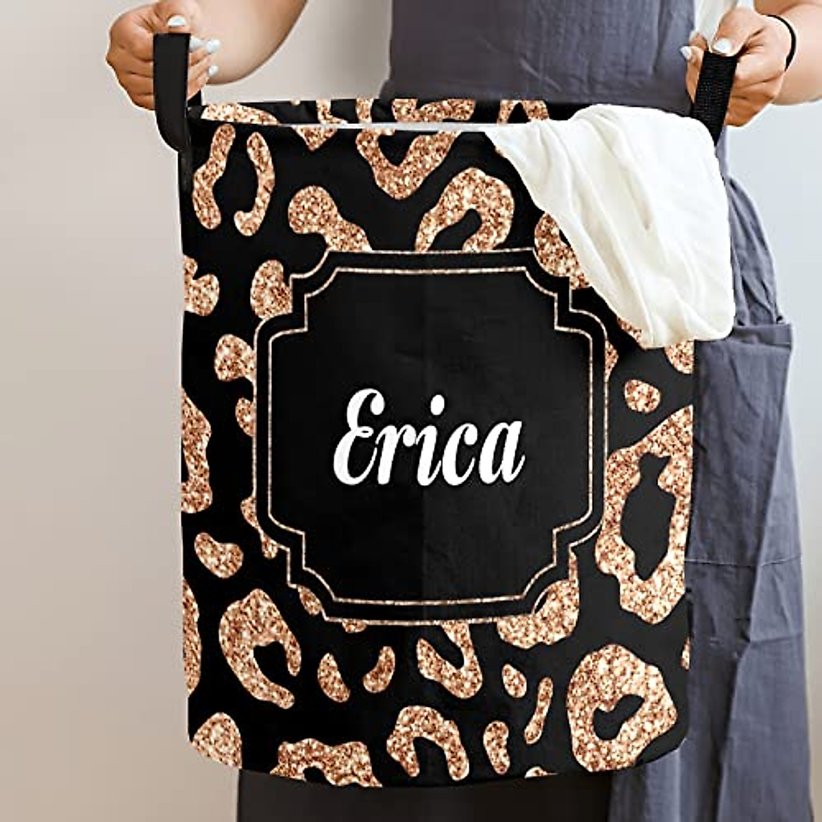 Leopard Print Monogram Personalized Foldable Freestanding Laundry Basket Clothes Hamper with Handle, Custom Collapsible Storage Bin for Toys Bathroom Laundry