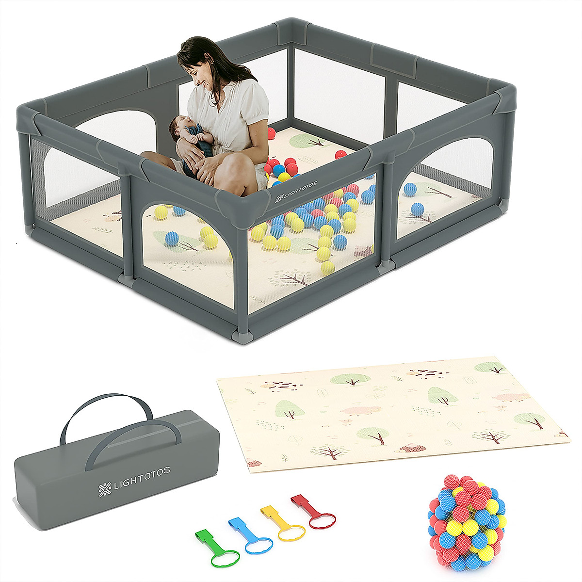 LIGHTOTOS Extra Large Baby Playpen with Mat-50 Balls-8 Hand Holds, 71x61x27 Inches Big Toddler Playpen with Carry Bag, Safety Play Yard for Infants Activity Grey