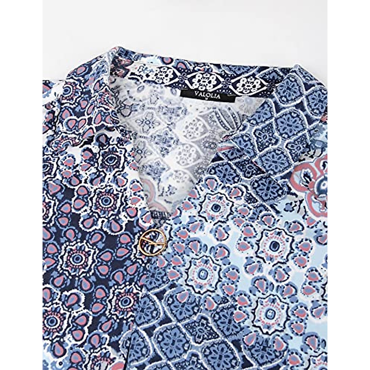 VALOLIA Women's 3/4 Sleeve Tunic Tops to wear with Leggings, Ladies Dress Shirts and Blouses for Work Long Sleeve Red Office Blouses Print V Neck Business Casual Flowy Fall Dressy Silk Elegant Blue