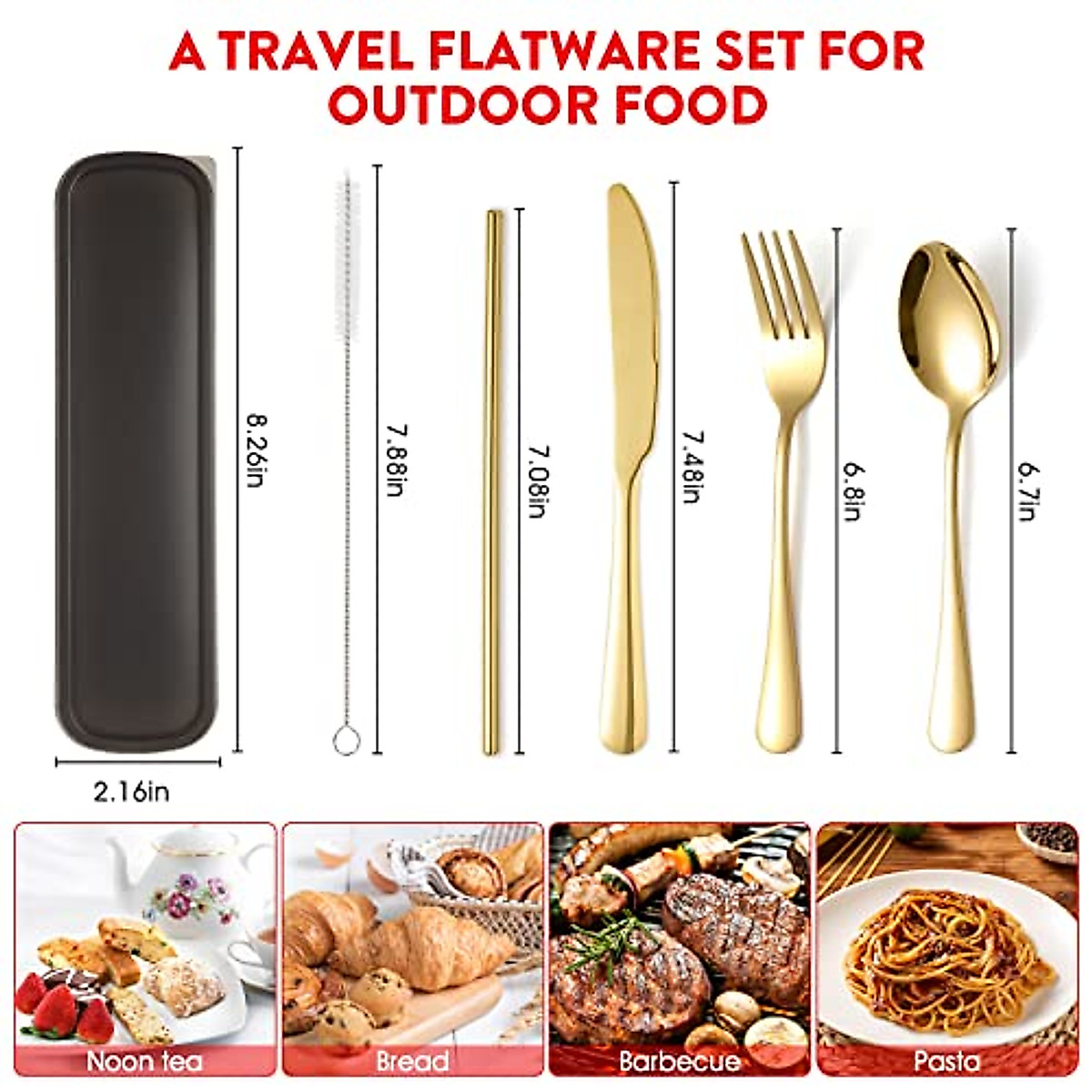 Gold Travel Utensils, Stainless Steel Knives Forks and Spoons Silverware Set, Portable Camping Utensils Set, Set of 7 Gold Utensils Set for School, Work, Camping, Hiking