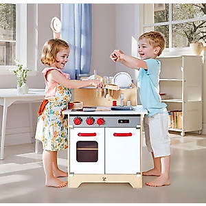 Hape Gourmet Kitchen Toy Fully Equipped Wooden Pretend Play Kitchen Set with Sink, Stove, Baking Oven, Cabinet, Turnable Knobs & Spice Shelf, White