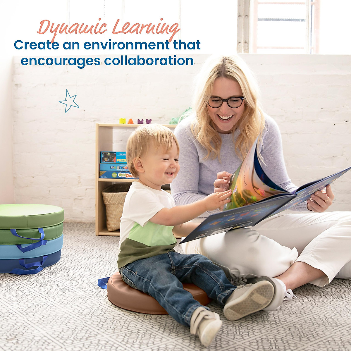 ECR4Kids SoftZone Floor Cushions with Handles, 2" Deluxe Foam, Round, Earthtone, (6-Pack)